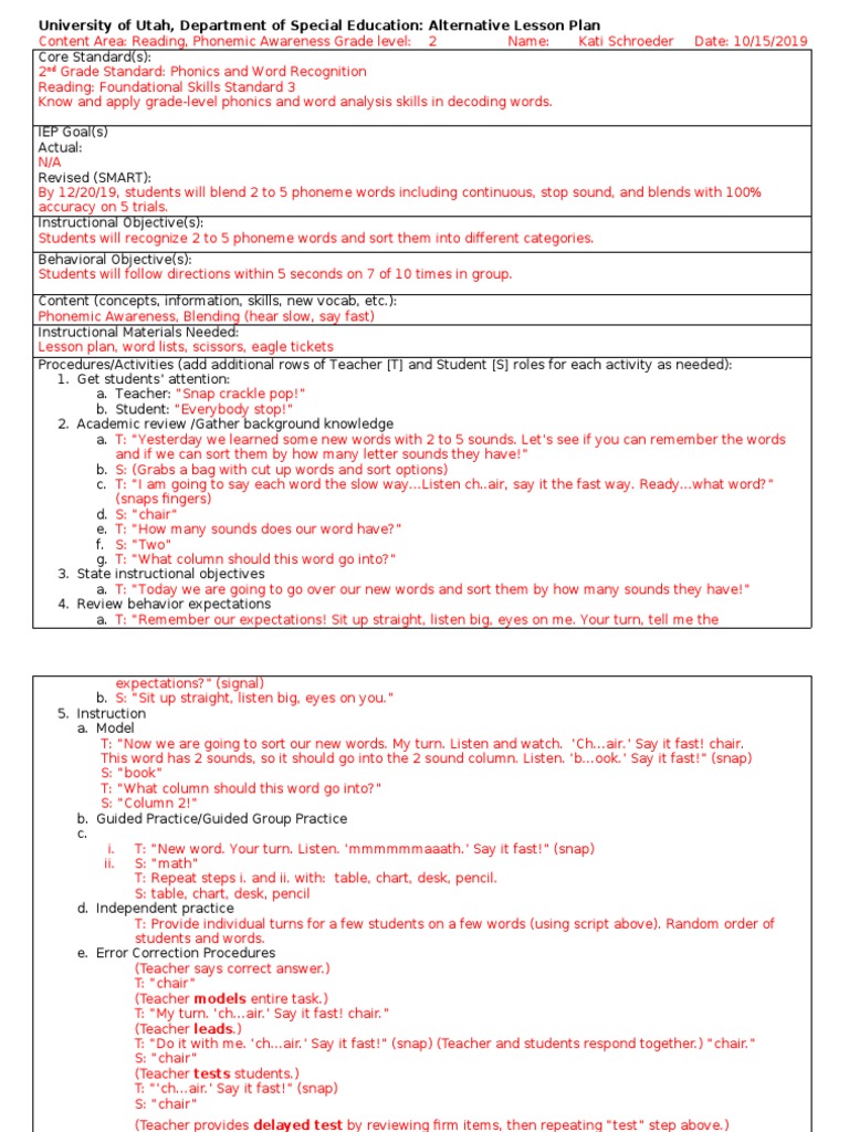 Sped Lesson Plan Kati Schroeder | PDF | Phonics | Lesson Plan