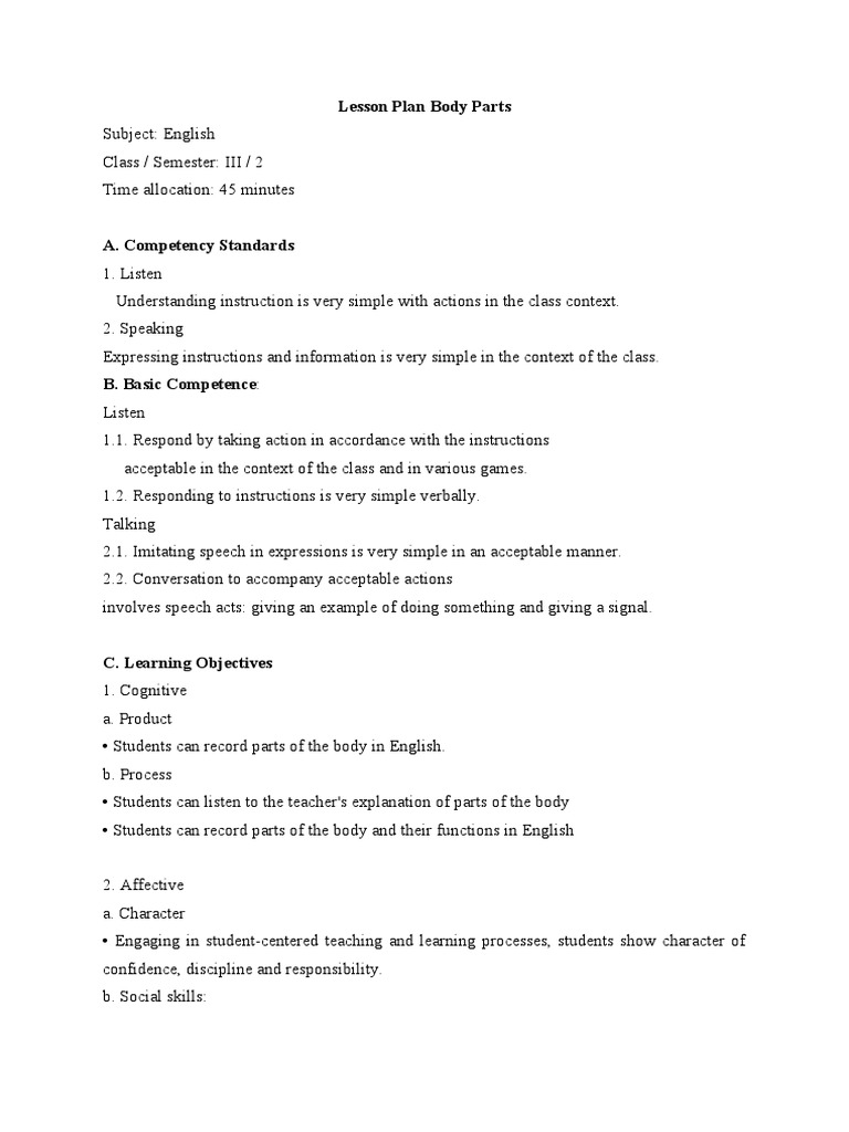 Lesson Plan Body Parts | PDF | Teachers | Competence (Human Resources)