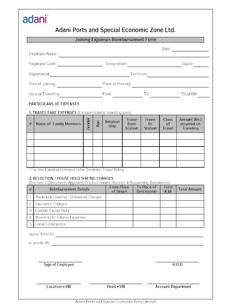 Adani APSEZ - Joining Expenses Reimbursement Form PDF | PDF