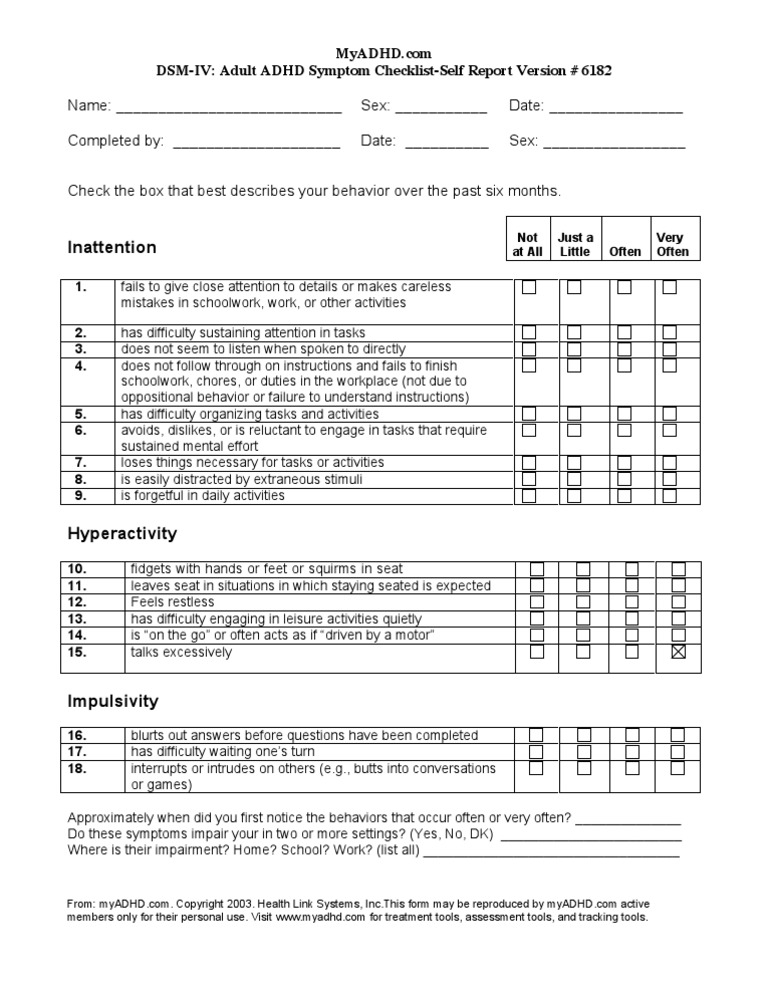 DSM-IV Adult ADHD Symptom Checklist-Self Report Version # 6182 | PDF ...