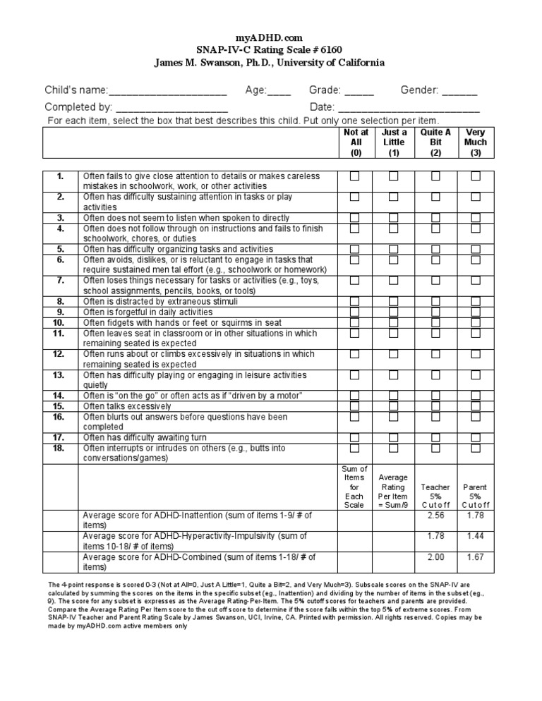 SNAP-IV-C Rating Scale # 6160 | PDF | Neuropsychological Assessment ...