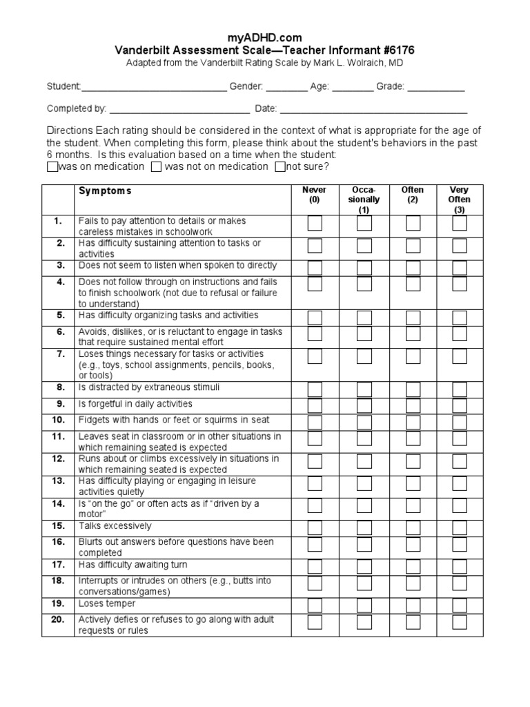 Vanderbilt Assessment Scale-Teacher Informant #6176 | PDF | Attention ...