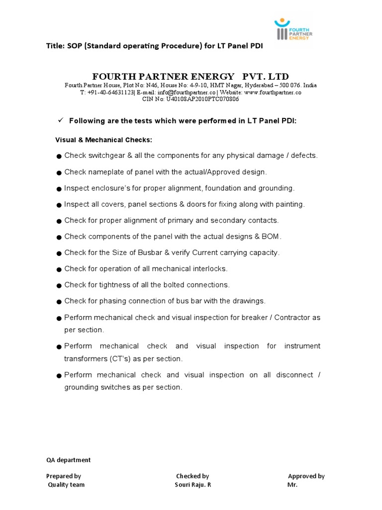 LT Panel PDI SOP | Download Free PDF | Electrical Resistance And ...