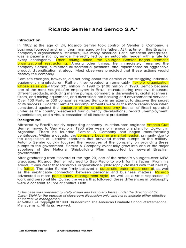 Ricardo Semler and Semco S.A. | PDF | Motivation | Motivational