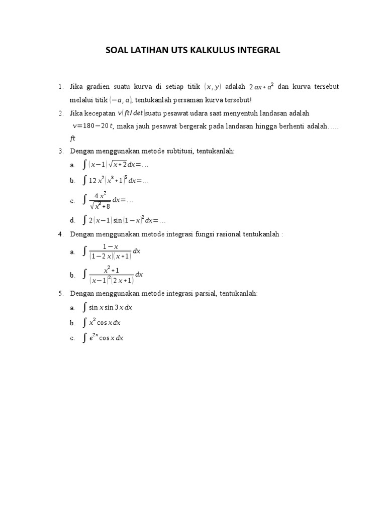 Soal Latihan Uts Kalkulus Integral | PDF