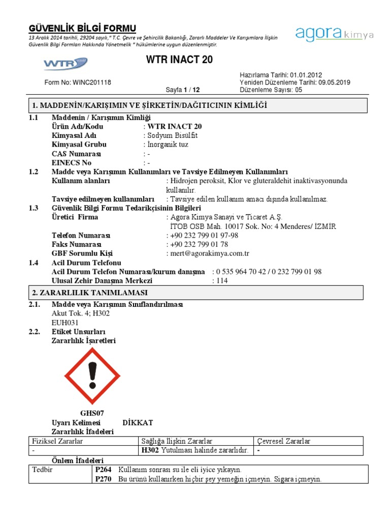 WTR Inact 20-MSDS-TR PDF | PDF