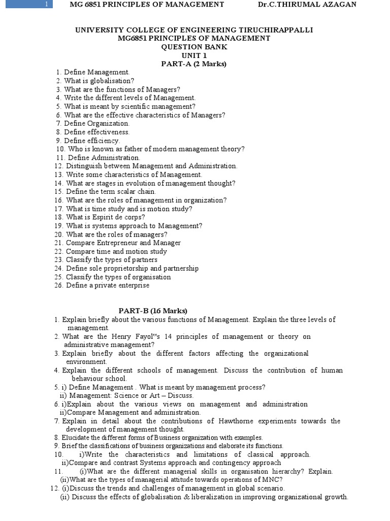 MG6851-Principles of Management Question Bank | PDF | Communication ...