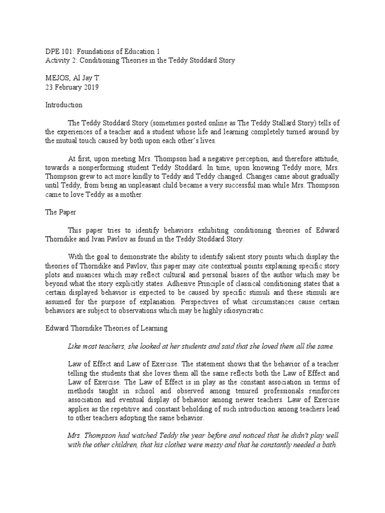 DPE 101 Foundations of Education 1 Activity 2 Conditioning Theories For ...