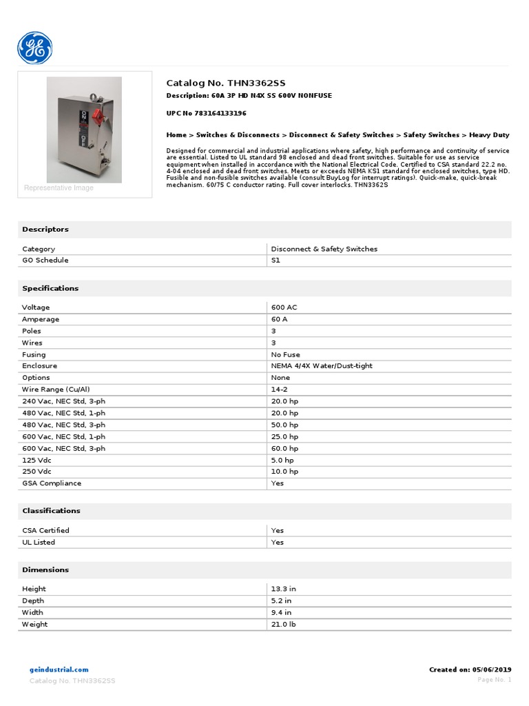 60A Heavy Duty Safety Switch THN3362SS | PDF | Switch | Fuse (Electrical)