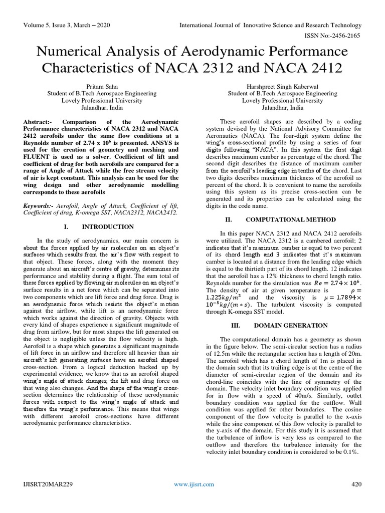 Numerical Analysis of Aerodynamic Performance Characteristics of NACA 2312 and NACA 2412 | PDF ...