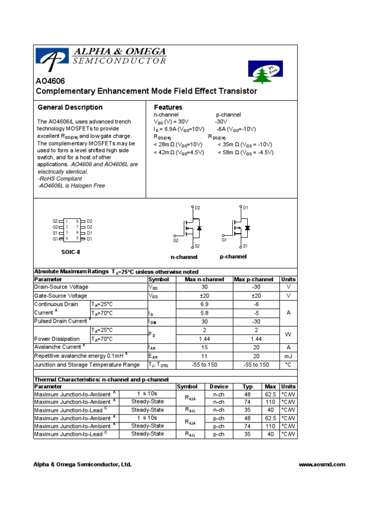 AO4606 Complementary Enhancement Mode Field Effect Transistor | PDF | Field Effect Transistor ...