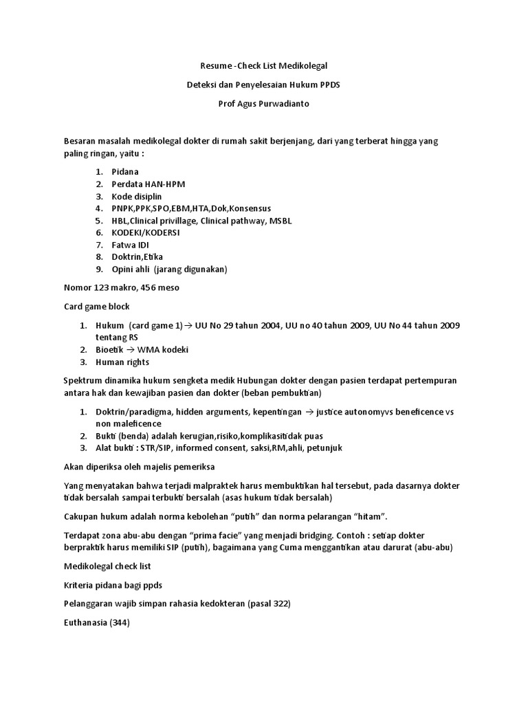 Resume Checklist Medikolegal Deteksi Dan Penyelesaian Hukum Ppds Kevin ...