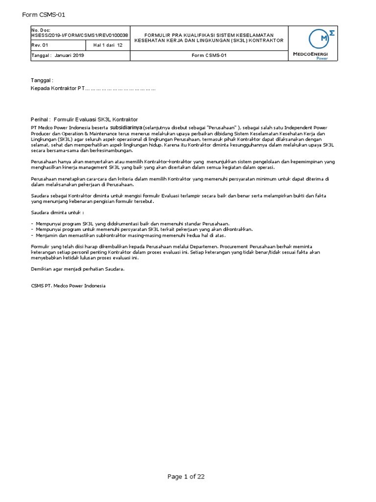 Form CSMS-01 - MPI-1 | PDF