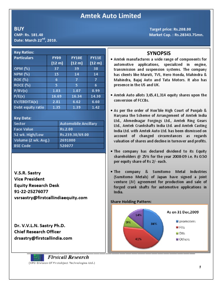 Amtek Auto Ltd-Firstcall-22 Mar10 | PDF | Lean Manufacturing | Six Sigma