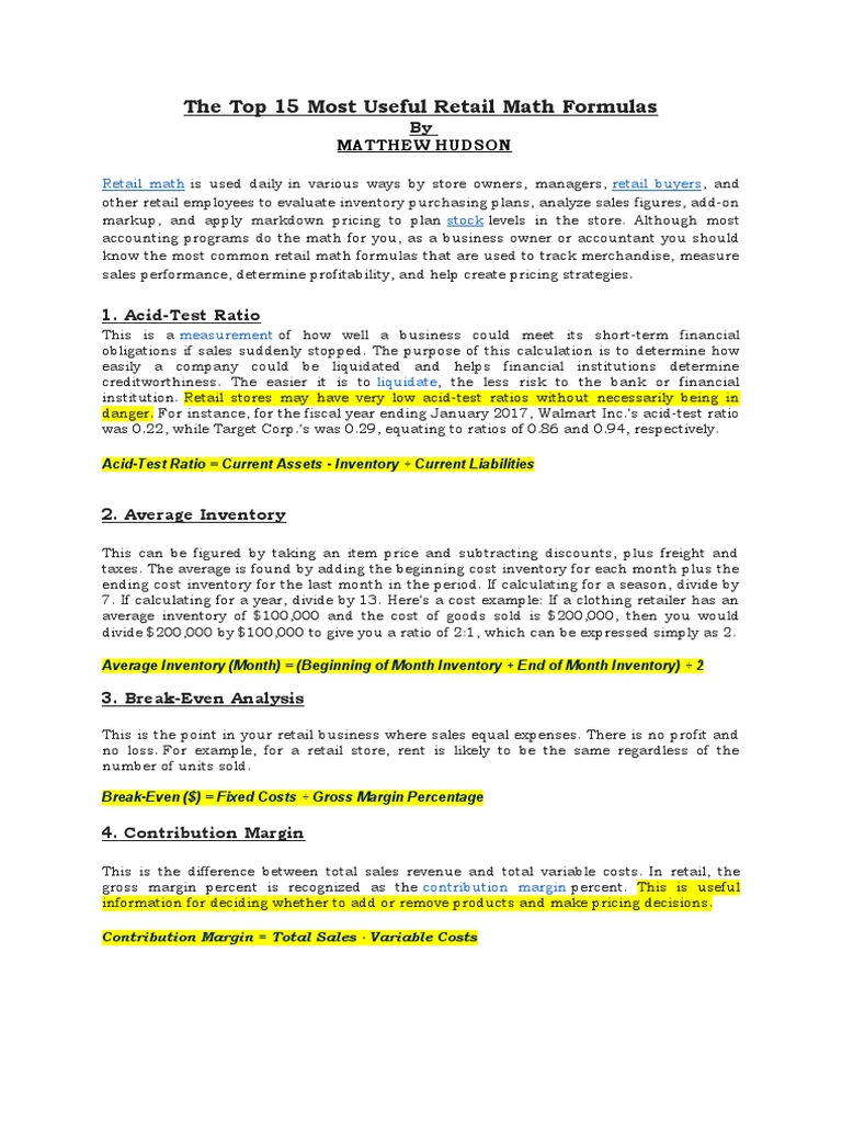 Top 15 Retail Math Formulas | PDF | Gross Margin | Inventory