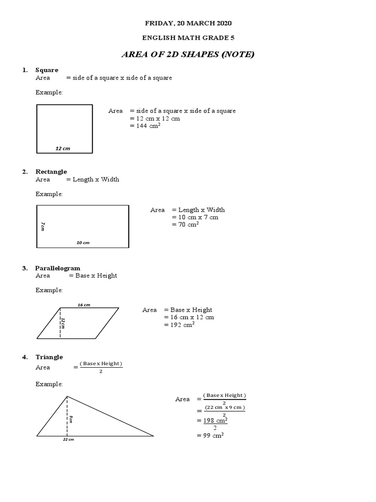 NOTE MATH Grade 5 - AREA OF 2D SHAPES | PDF | Area | Elementary Geometry
