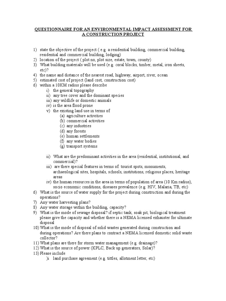 Questionnaire For An Environmental Impact Assessment For A Construction ...