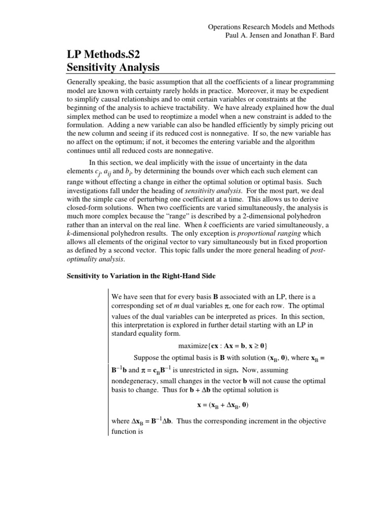 LP Methods.S2 Sensitivity Analysis: K-Dimensional Polyhedron Results ...