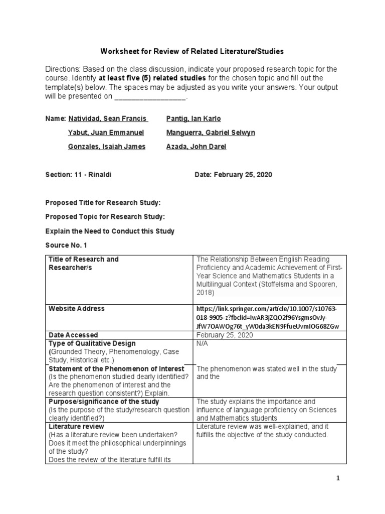 Work Sheet For RRL | PDF | Qualitative Research | Data
