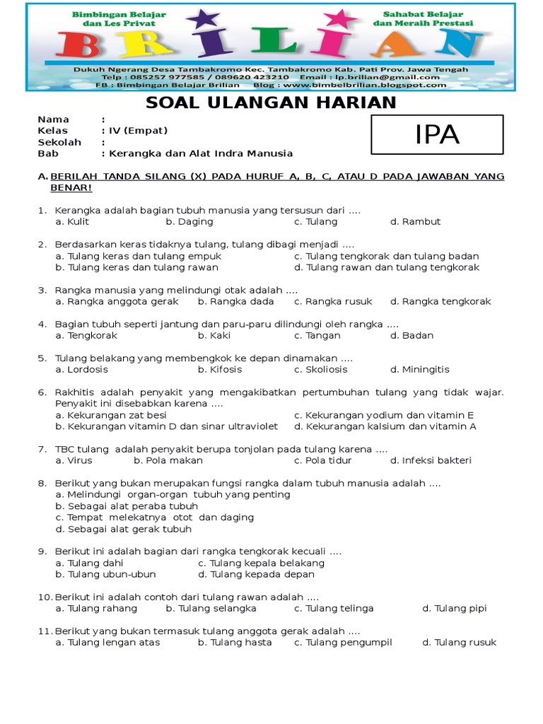 Soal Ulangan Harian IPA Kelas 4 SD - BAB 1 Kerangka Dan Alat Indra Manusia PDF | PDF