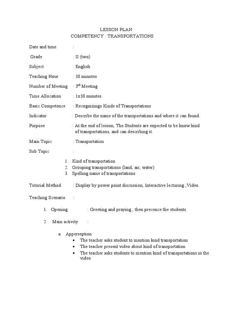 Lesson Plan - Transportations | PDF | Lesson Plan | Teachers