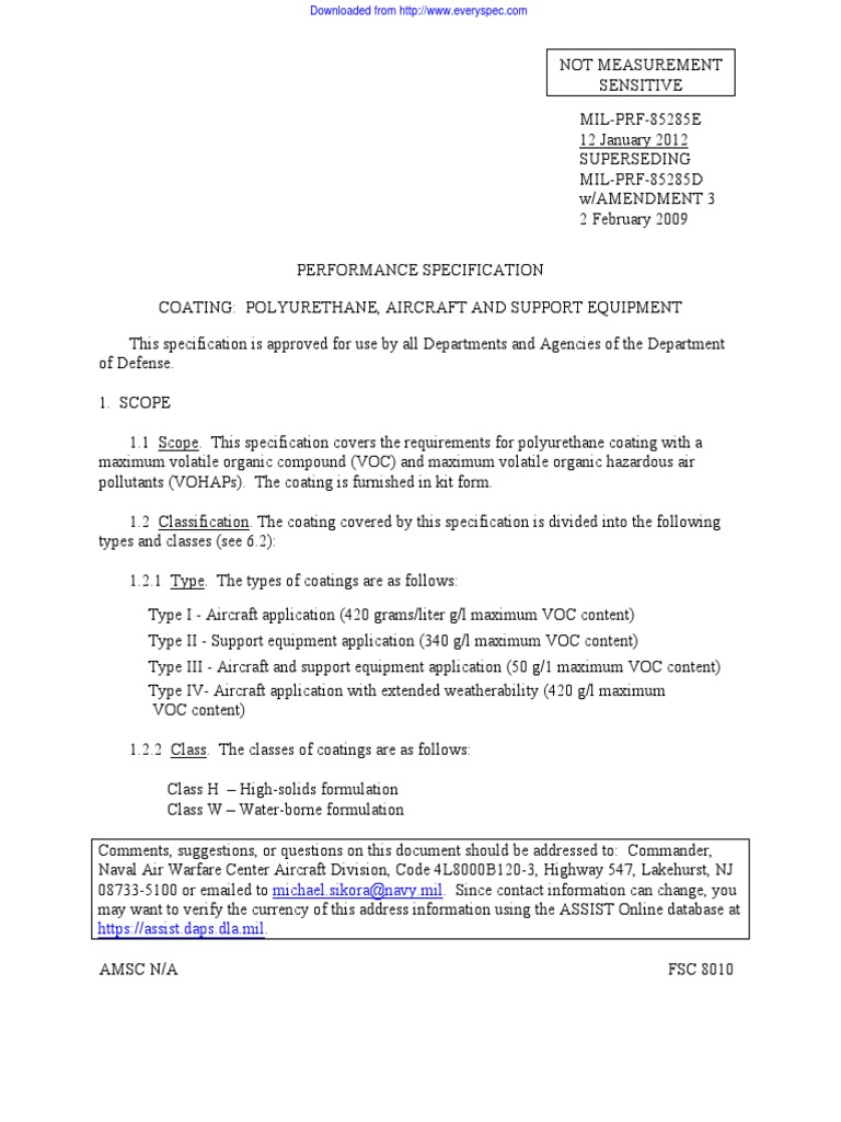 Mil-Prf-85285 e (Irr) PDF | PDF | Paint | Volatile Organic Compound