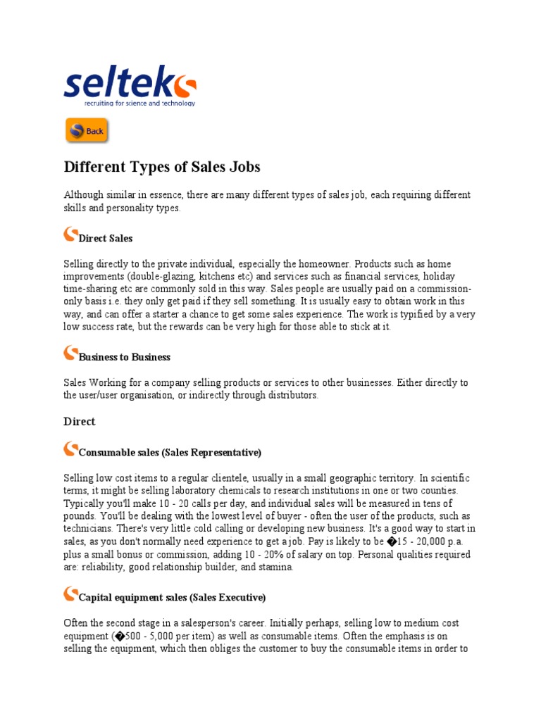 Different Types of Sales Jobs | PDF | Medicine | Sales