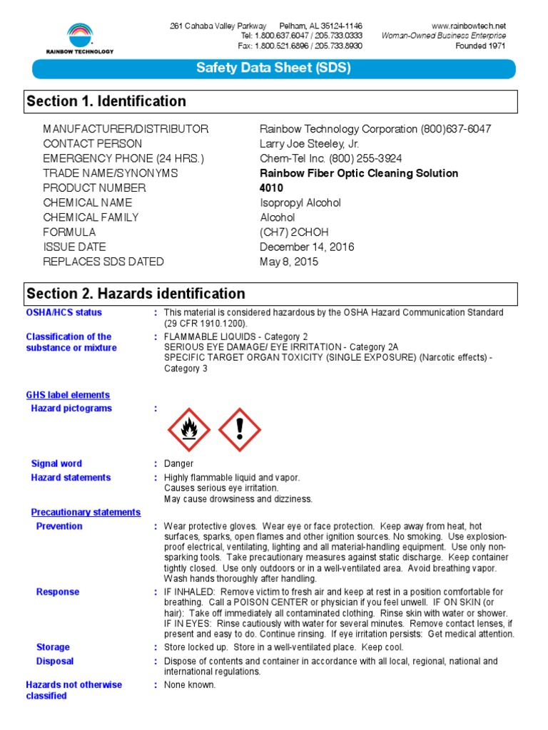 4010 Fiber Optic Cleaning Solution SDS | PDF | Firefighting | Toxicity