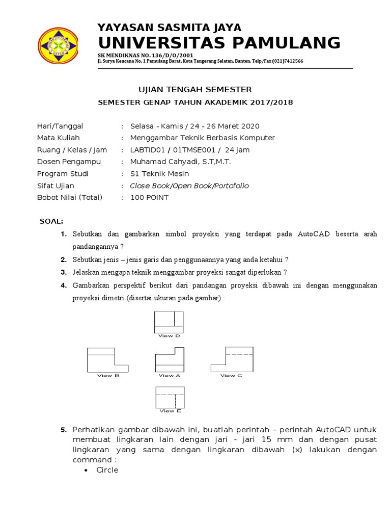 Soal UTS Mata Kuliah Menggambar Teknik Berbasis Komputer | PDF
