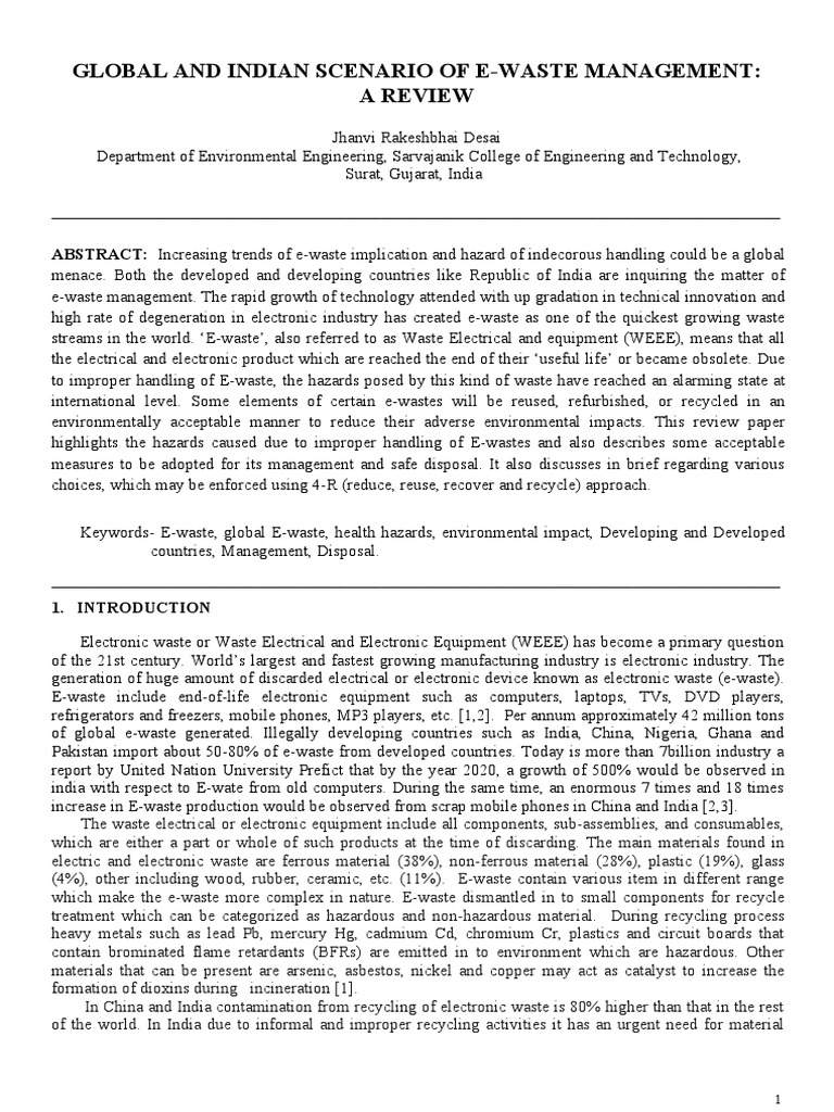 Global and Indian Scenario of E-Waste Management: A Review | PDF ...