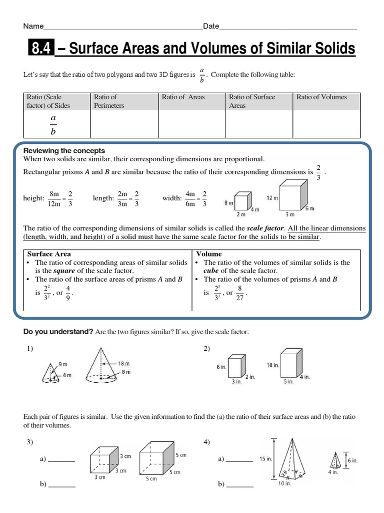 Area and Volume of Similar Shapes Worksheet 1 | PDF | Area | Volume
