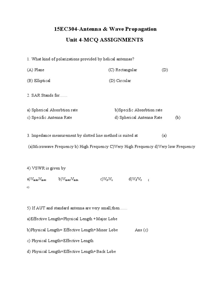 Unit 4 MCQ Assignment | PDF | Antenna (Radio) | Telecommunications Engineering