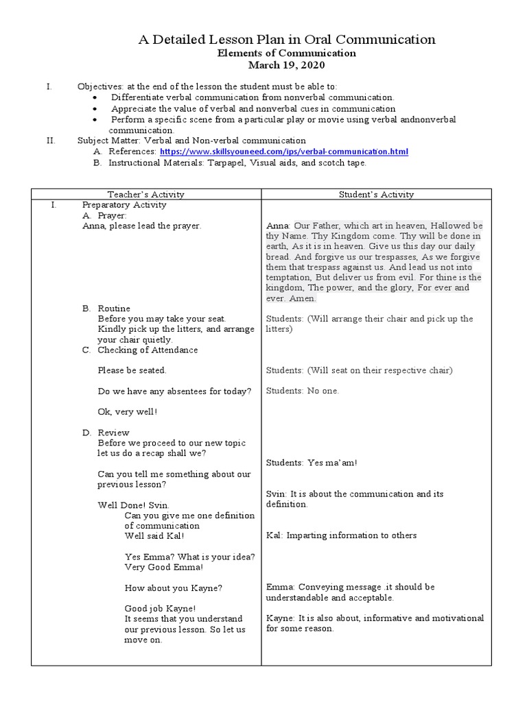 A Detailed Lesson Plan in Verbal and Non Verbal Communication | PDF ...