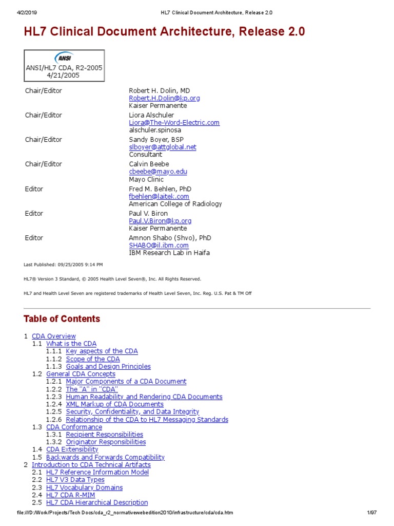 HL7 Clinical Document Architecture, Release 2.0 | PDF | Xml | Xml Schema
