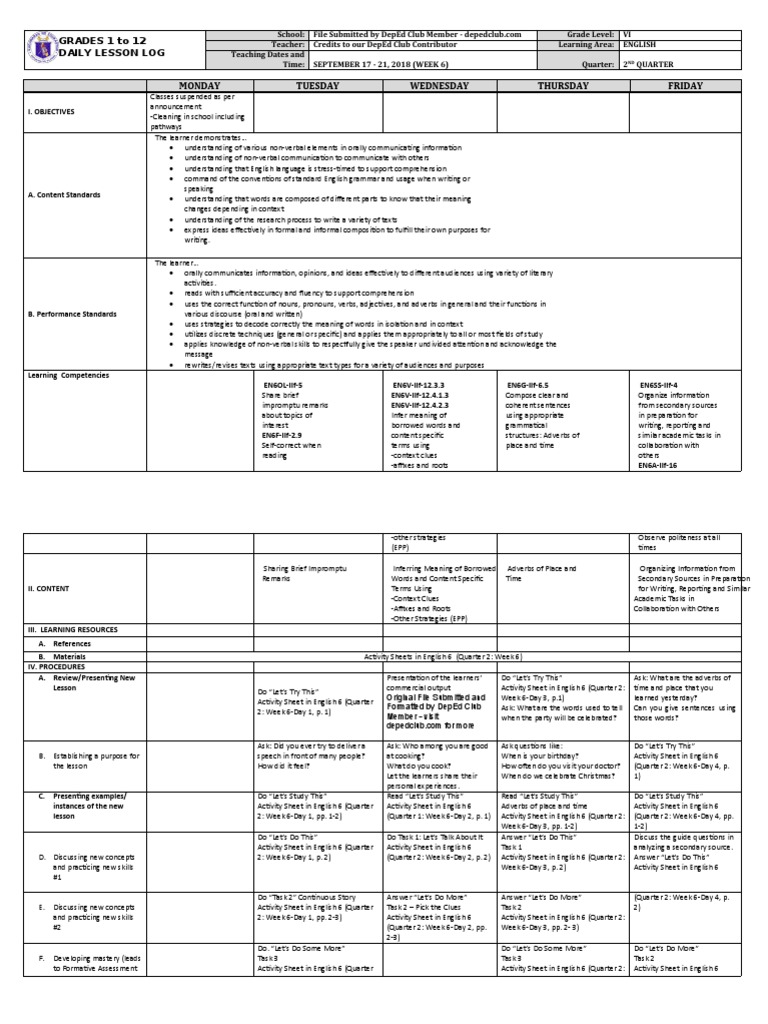 ENGLISH 6 Week 6 Lesson | PDF | Reading Comprehension | Behavior Modification