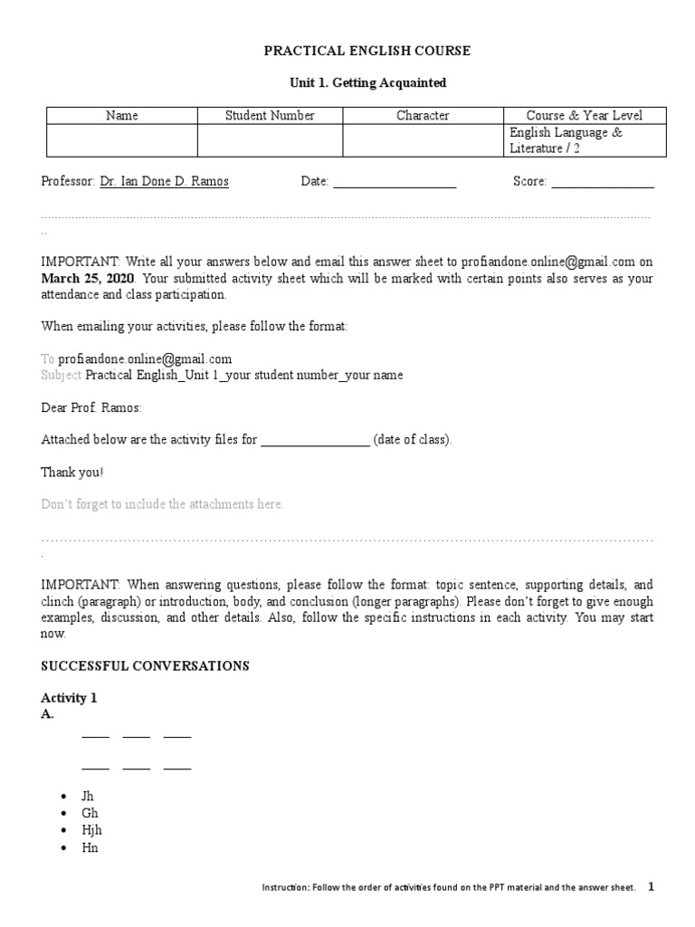 Unit 1. Getting Acquainted - Answer Sheet-1 | PDF | Human Communication | Cognition