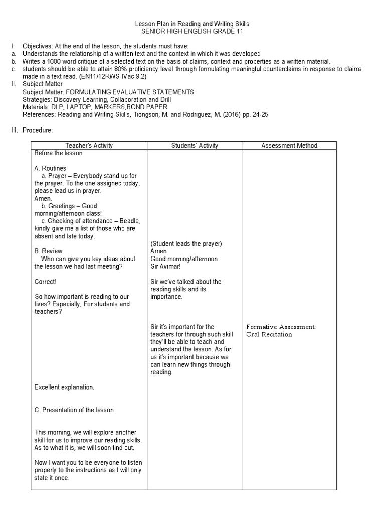 Lesson Plan in Reading and Writing Skills | Download Free PDF | Lesson ...