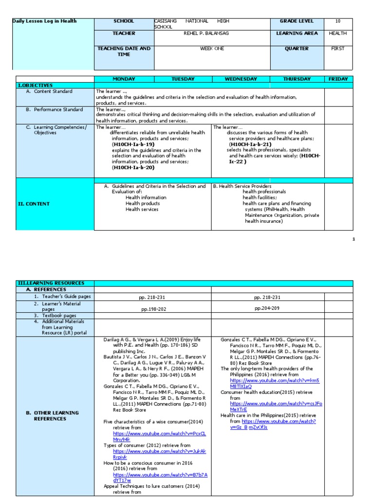 Grade 10 Health DLL Week 1 | PDF | Learning | Teachers