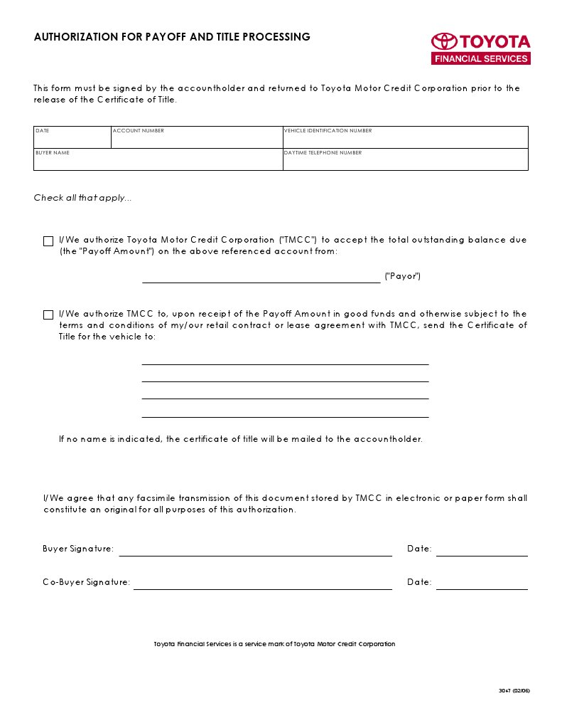 Toyota Payoff Authorization Form | PDF | Finance & Money Management ...