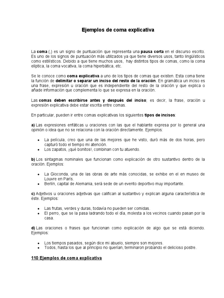 110 Ejemplos de Coma Explicativa | PDF | Oración (Lingüística) | Puntuación