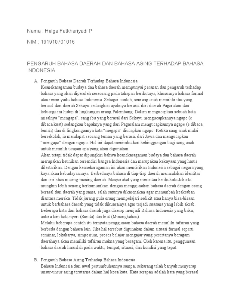 Pengaruh Bahasa Daerah Dan Bahasa Asing Terhadap Bahasa Indonesia | PDF | Seni & Disiplin Bahasa ...