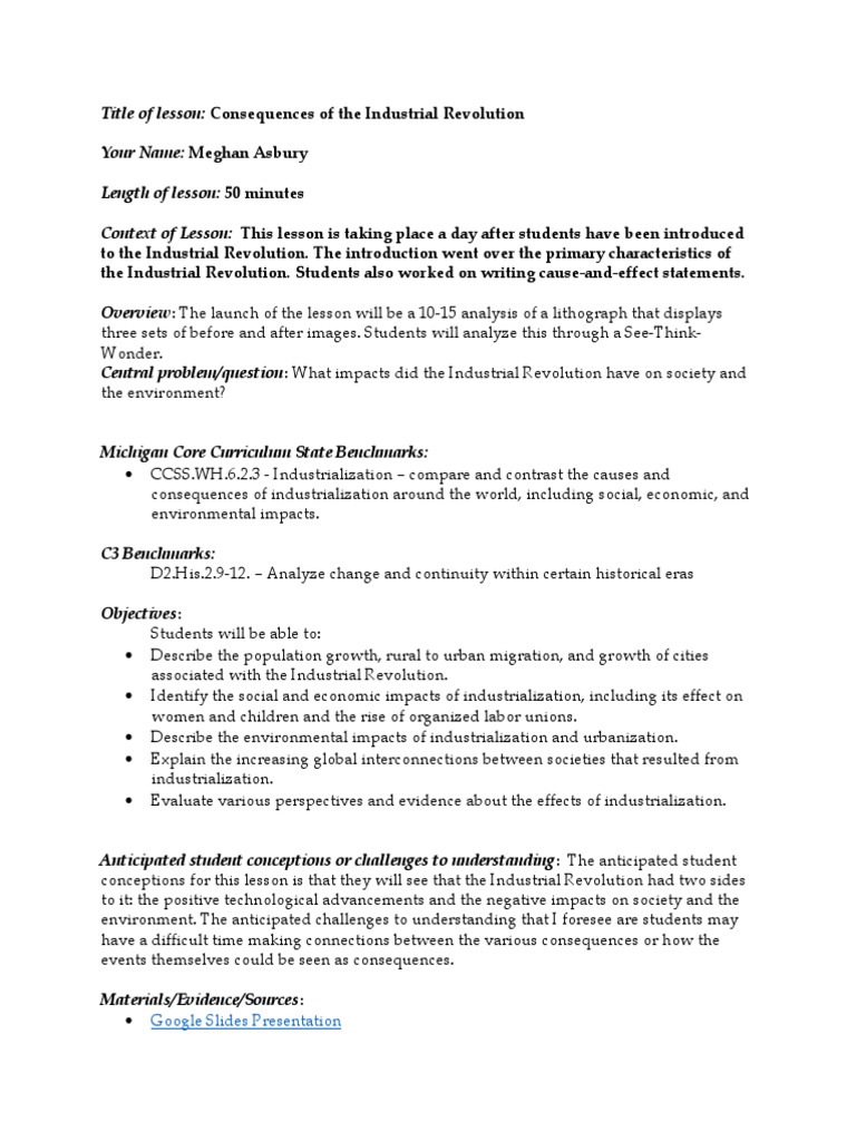 Consequences of The Industrial Revolution Lesson Plan | PDF ...