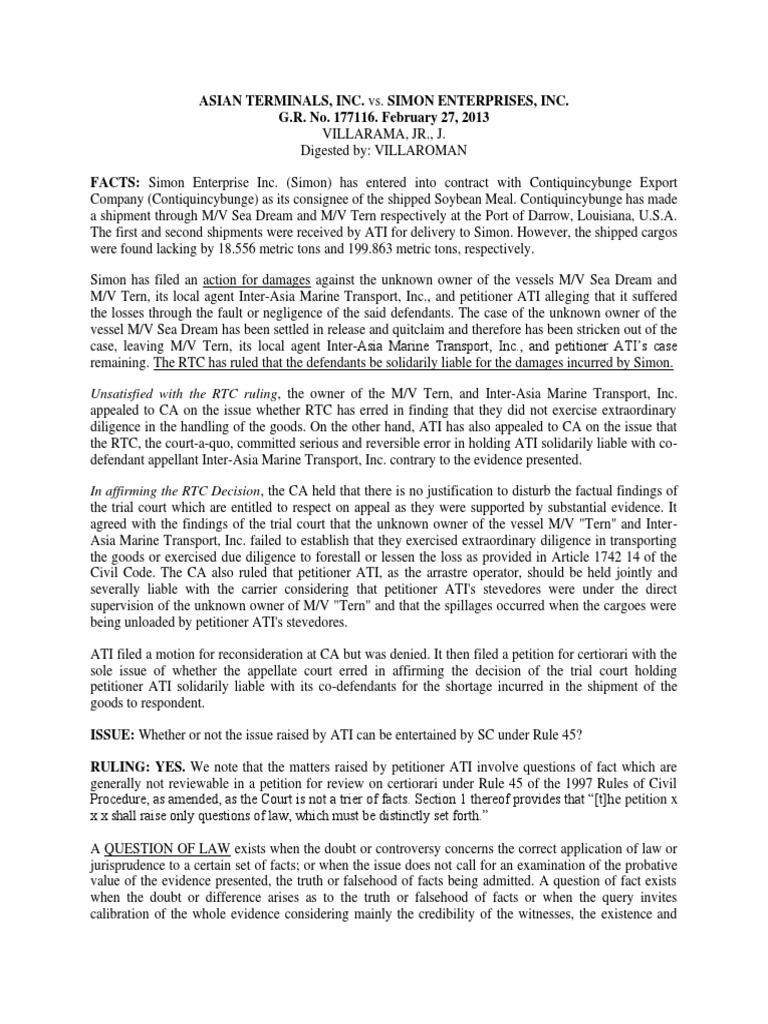 Asian Terminals v. Simon Enterprises | PDF | Question Of Law | Certiorari