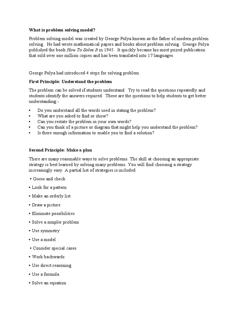 Polya's Four-Step Problem Solving Model | PDF | Teaching Mathematics ...