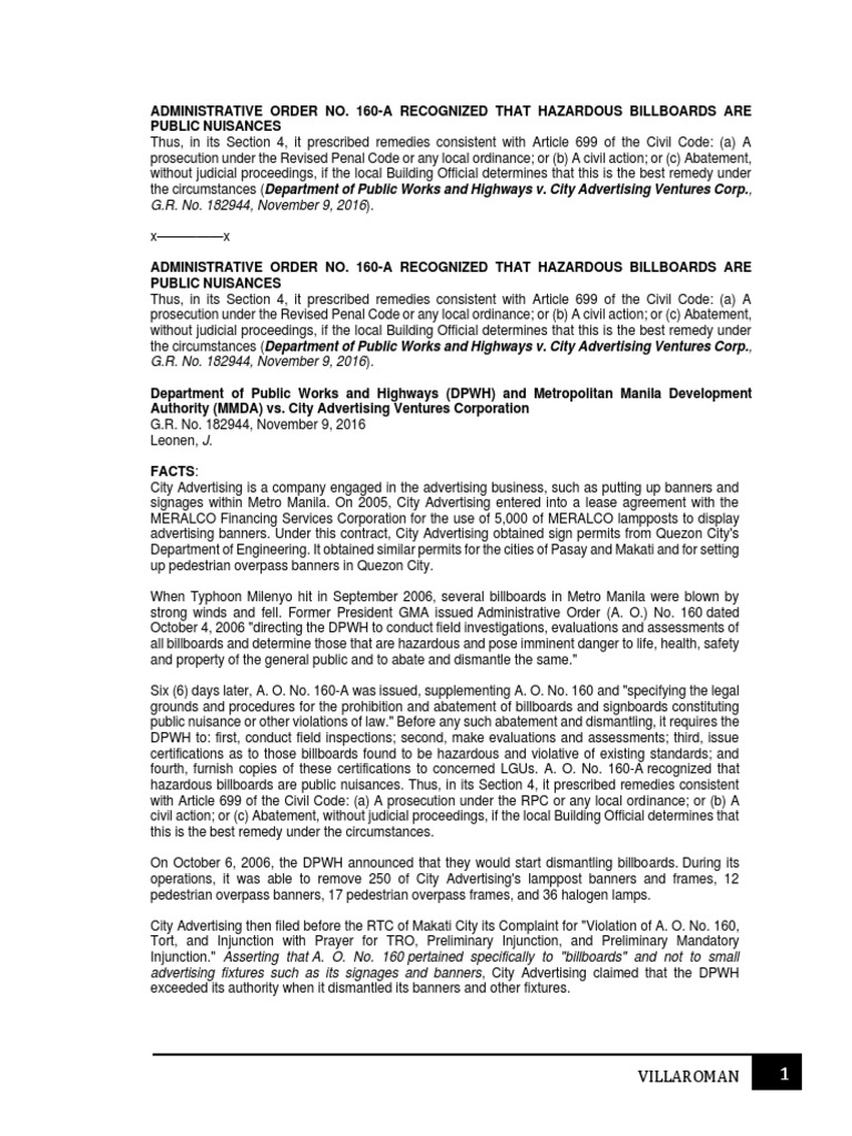 DPWH v. City Advertising Ventures Corp. - NUISANCE | PDF | Nuisance ...