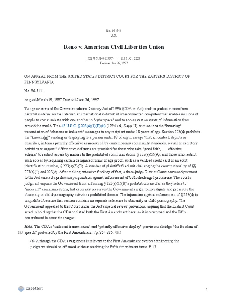 Reno v. American Civil Liberties Union | PDF | Internet