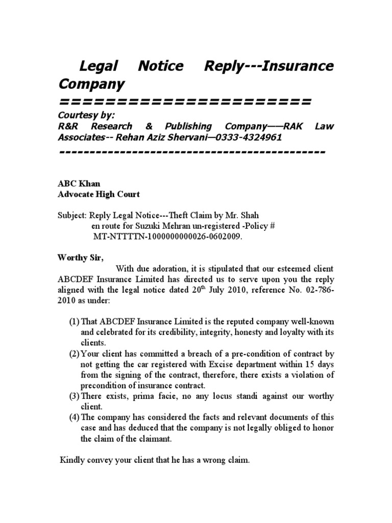 Legal Notice Reply Insurance Company | PDF