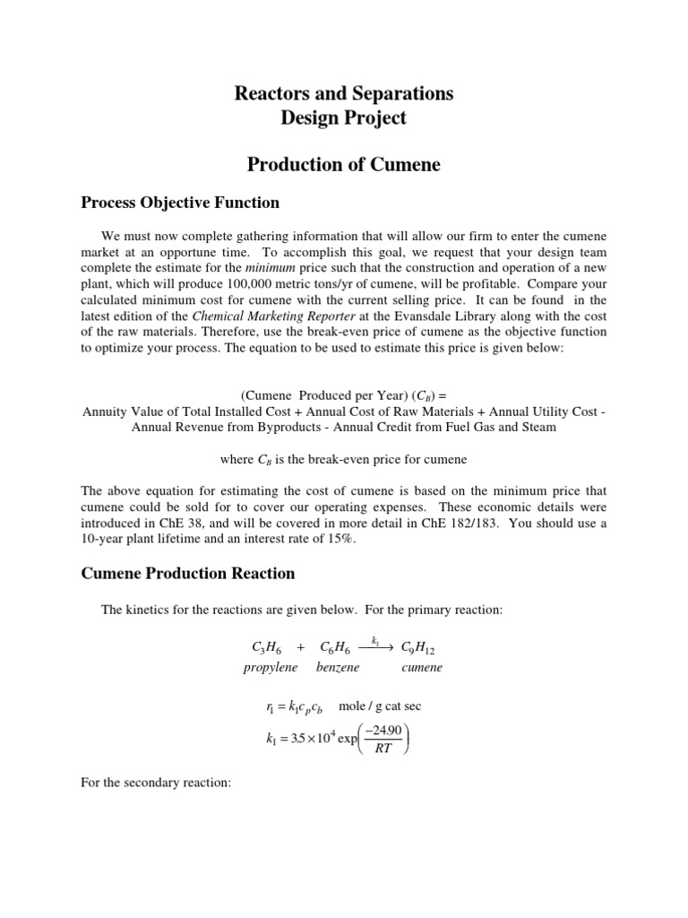 Reactors and Separations Design Project Production of Cumene | PDF ...