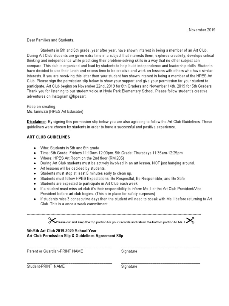 2019 2020 Art Club Permission Slip | PDF | Schools | Behavior Modification
