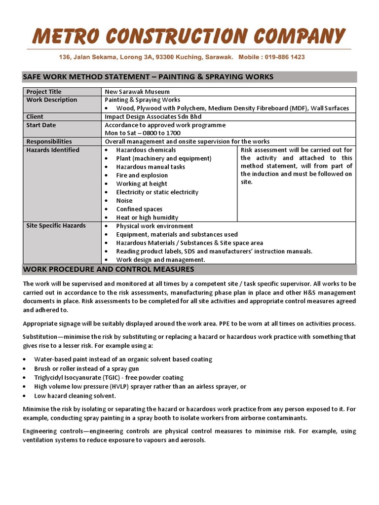 Unitech Metro - SAFE WORK METHOD STATEMENT - PAINTING | PDF | Paint ...